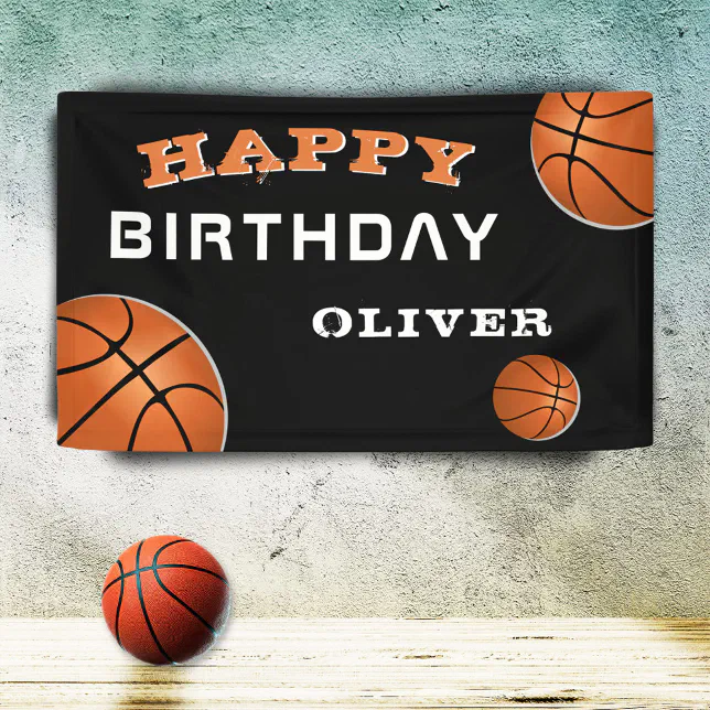 Basketball Ball Black Sports Birthday Party Banner | Zazzle
