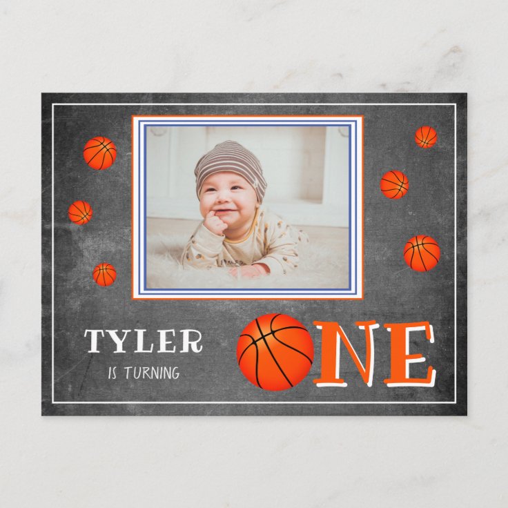 Basketball Ball Chalkboard 1st Birthday Photo Invitation Postcard | Zazzle