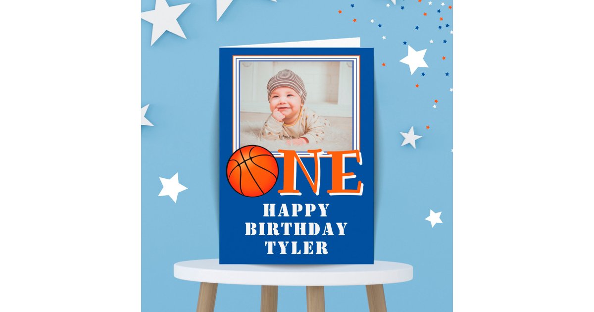 Basketball Ball ONE Kids Photo 1st Birthday Card | Zazzle