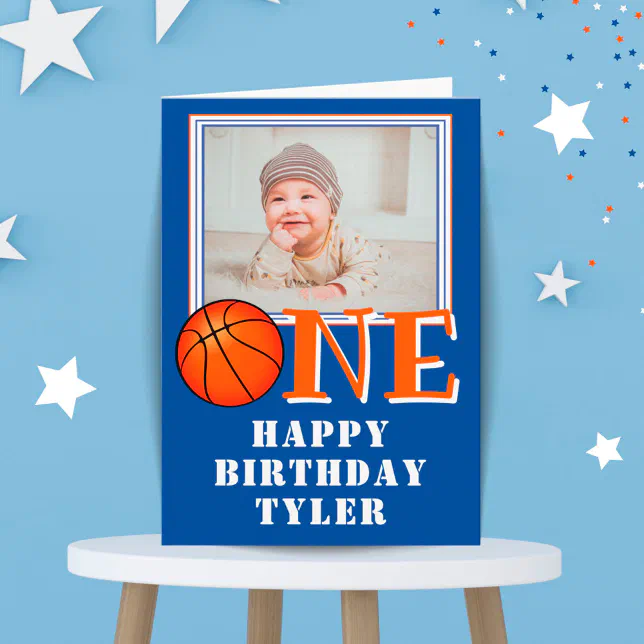Basketball Ball ONE Kids Photo 1st Birthday Card | Zazzle