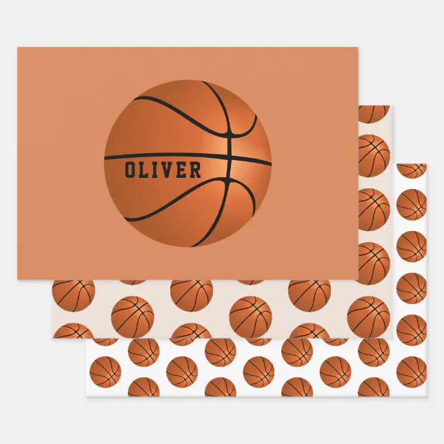 Basketball Ball Pattern Kids Name Birthday Wrapping Paper Sheets | Zazzle
