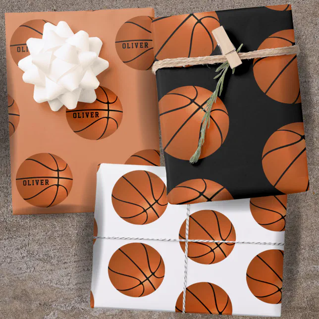 Basketball Ball Pattern Kids Name Birthday Wrapping Paper Sheets | Zazzle