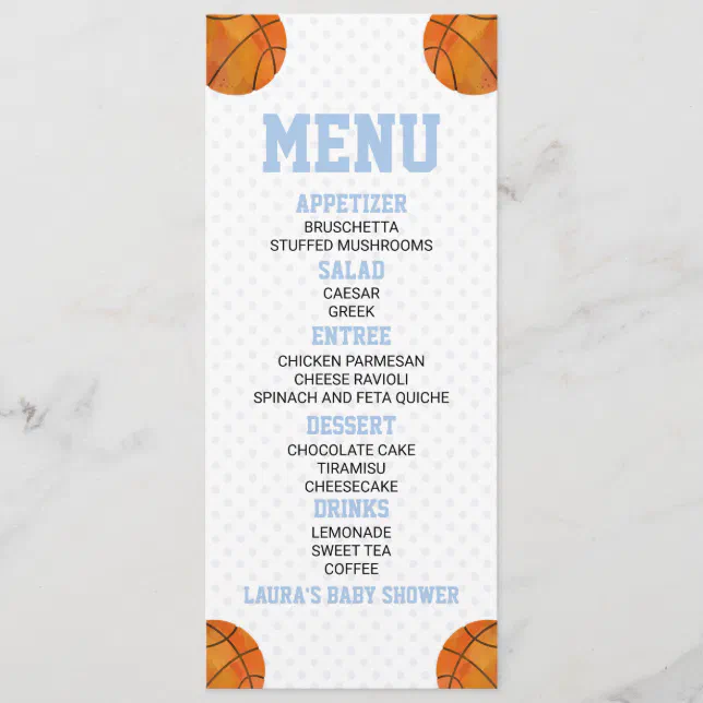 Basketball Ball Sports Blue Baby Shower Food Menu | Zazzle