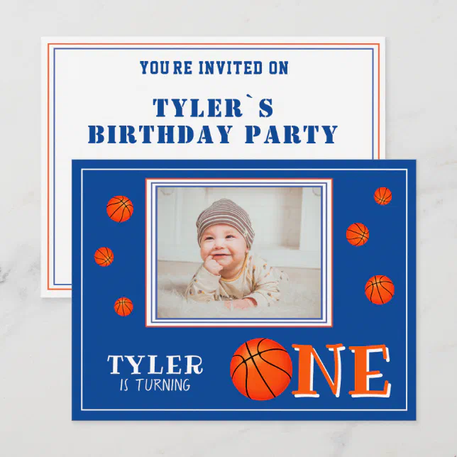 Basketball Ball Sports One 1st Birthday Photo Invitation Postcard | Zazzle