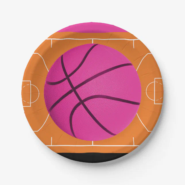 Basketball Birthday Party Black Pink & Orange Paper Plates | Zazzle