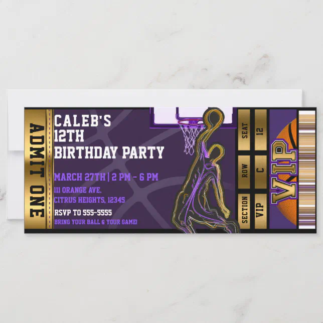 Basketball Birthday Party VIP Purple Gold Ticket Invitation | Zazzle