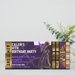 Basketball Birthday Party VIP Purple Gold Ticket Invitation | Zazzle