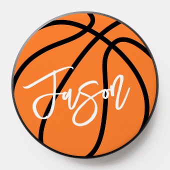 Basketball black orange custom name PopSocket | Zazzle