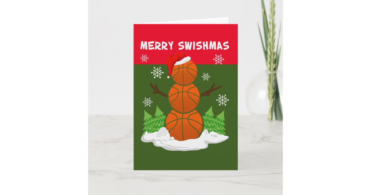 Basketball Christmas MERRY SWISHMAS with Santa hat Card | Zazzle