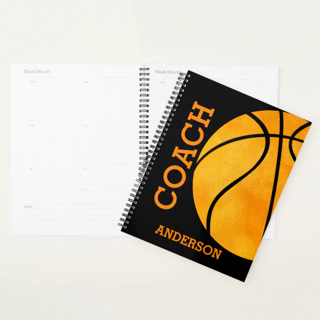 Basketball Coach Personalized Orange and Black Planner | Zazzle