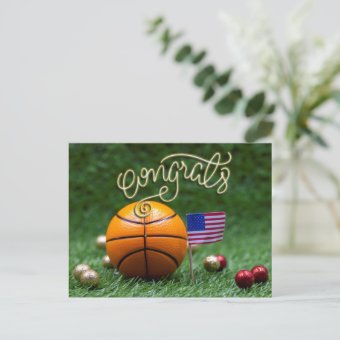 Basketball Congratulations with flag of America Postcard | Zazzle