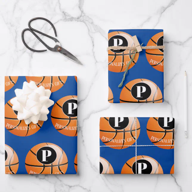Basketball Custom Monogram Name Wrapping Paper Sheets | Zazzle
