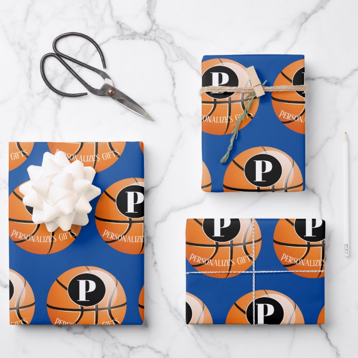 Basketball Custom Monogram Name Wrapping Paper Sheets | Zazzle
