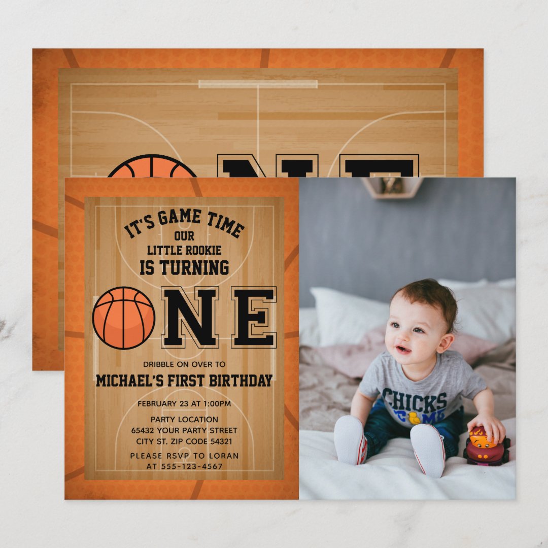 Basketball First Birthday Photo Invitation | Zazzle