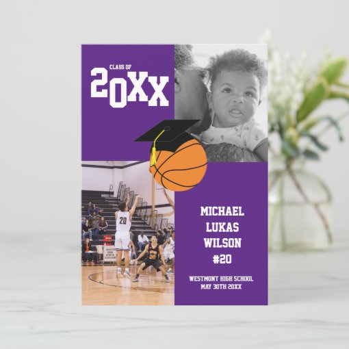 Basketball Graduation Sports Purple Announcement | Zazzle