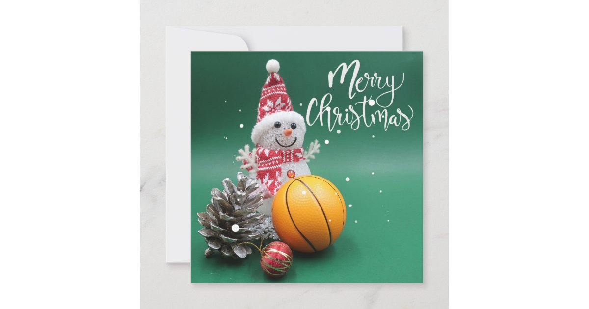 Basketball Merry Christmas with Snowman on Green Card | Zazzle