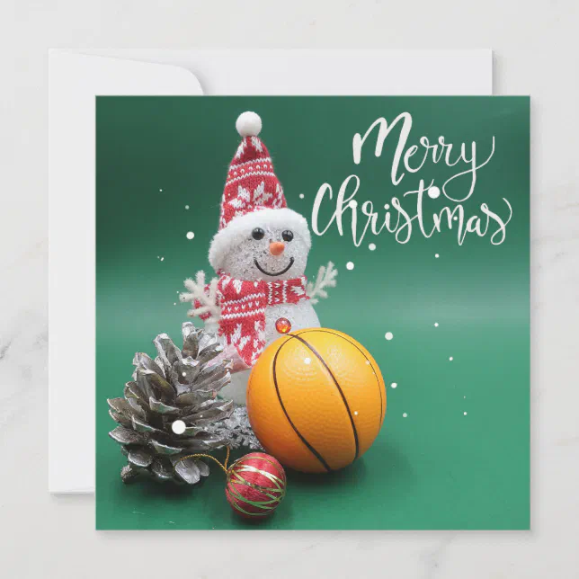 Basketball Merry Christmas with Snowman on Green Card | Zazzle