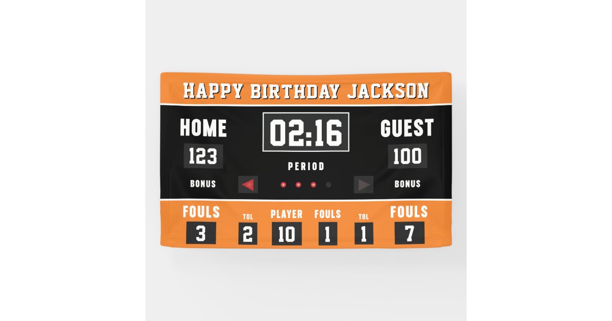 Basketball Orange Black Scoreboard Happy Birthday Banner | Zazzle