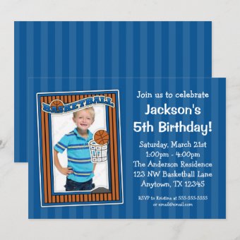 Basketball Photo Birthday Party Blue Invitations | Zazzle