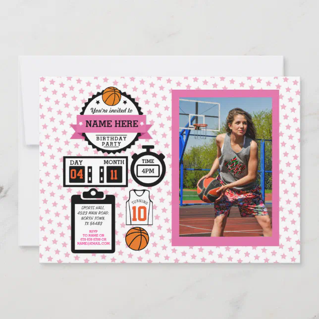 Basketball Photo Birthday Pink Sport Party Girls Invitation | Zazzle