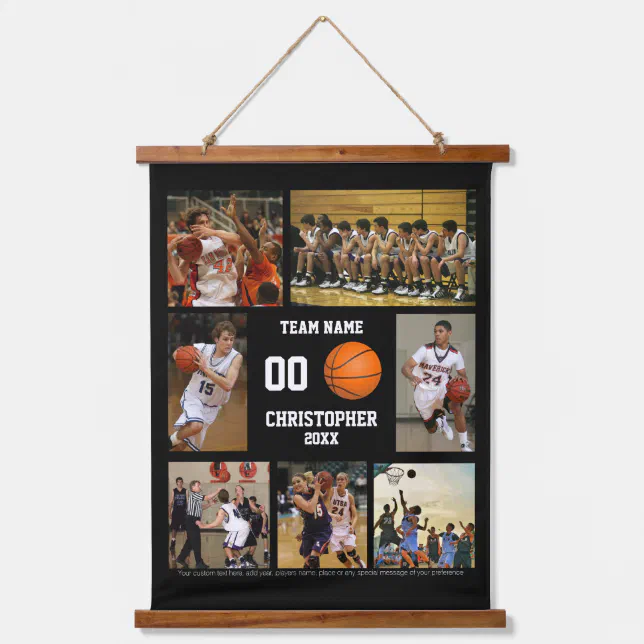 Basketball photo collage personalized black hanging tapestry | Zazzle