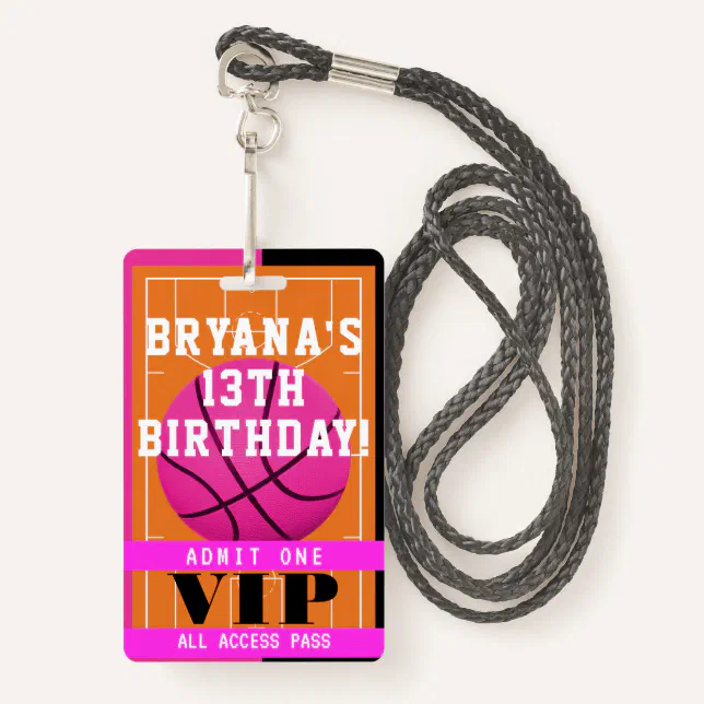 Basketball Pink Birthday Party VIP Pass Badge | Zazzle