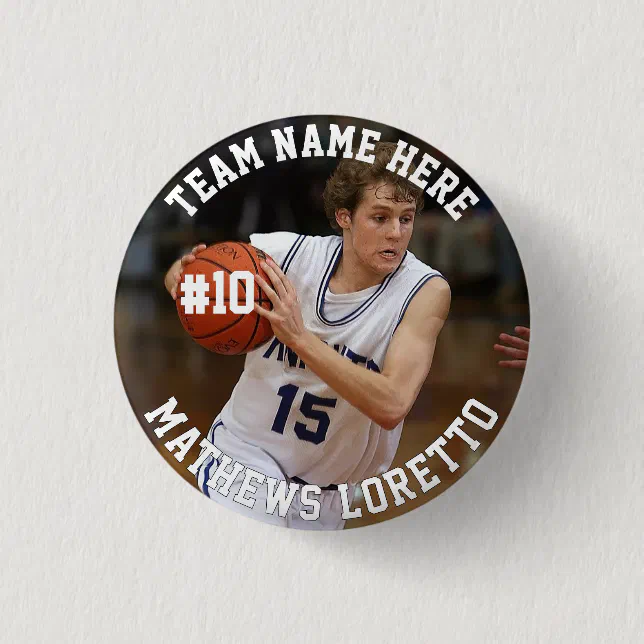Basketball Player Add Name Number Team and Photo Button | Zazzle