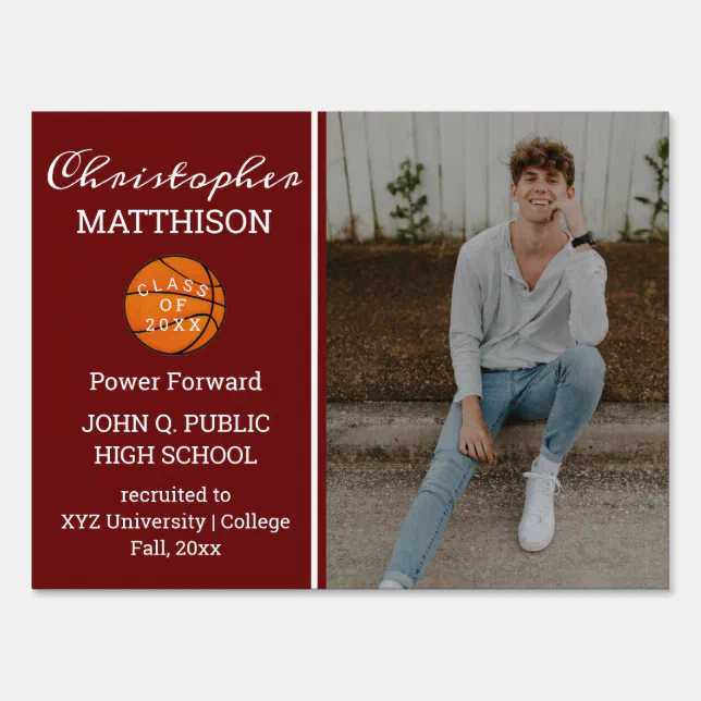 Basketball Player Photo Dark Red Graduation Sign | Zazzle