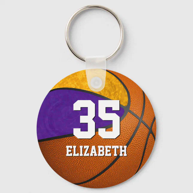 basketball purple gold girls jersey number keychain | Zazzle