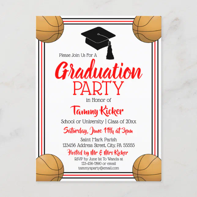 Basketball Red & Black Graduation Party Invitation Postcard | Zazzle