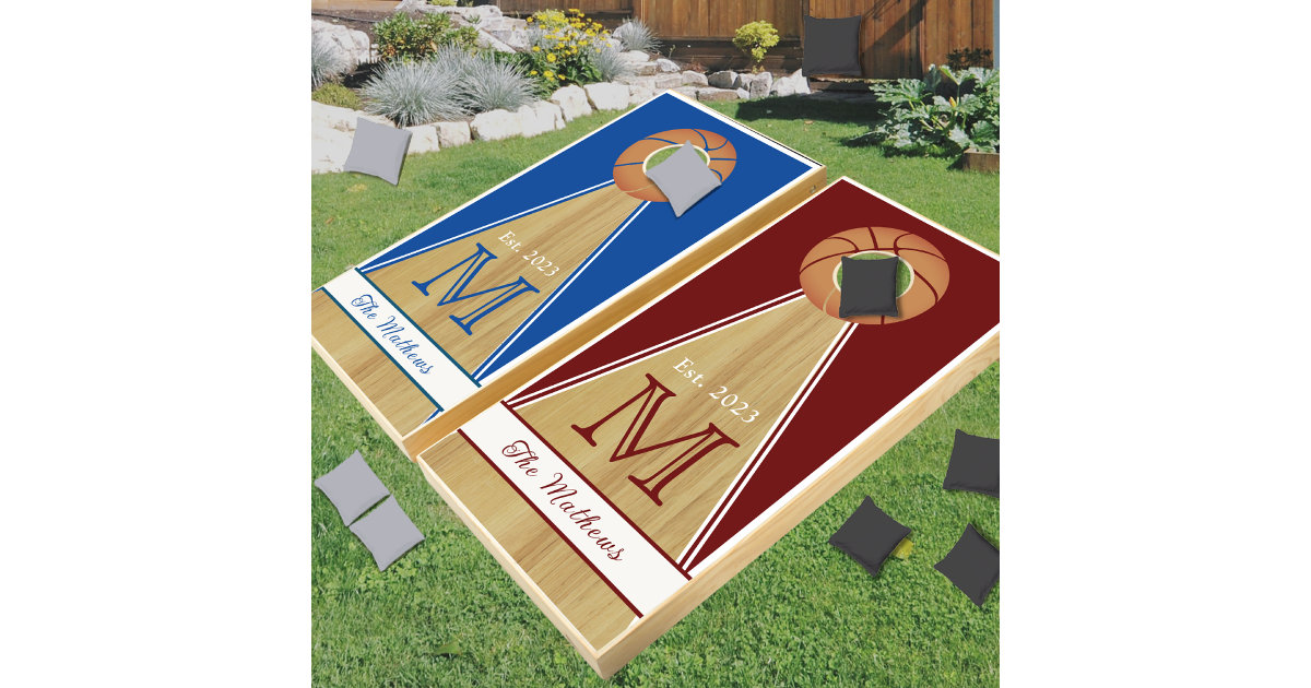 Basketball Rustic Wood Monogram Red White Blue Cornhole Set | Zazzle