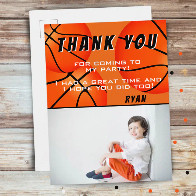 Basketball Sports Birthday Photo Thank You Card | Zazzle