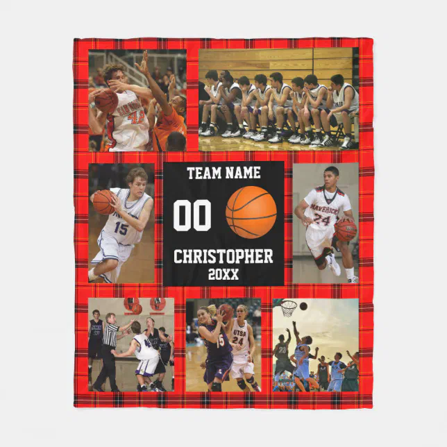 Basketball Team Photo Collage Red Tartan Fleece Blanket | Zazzle