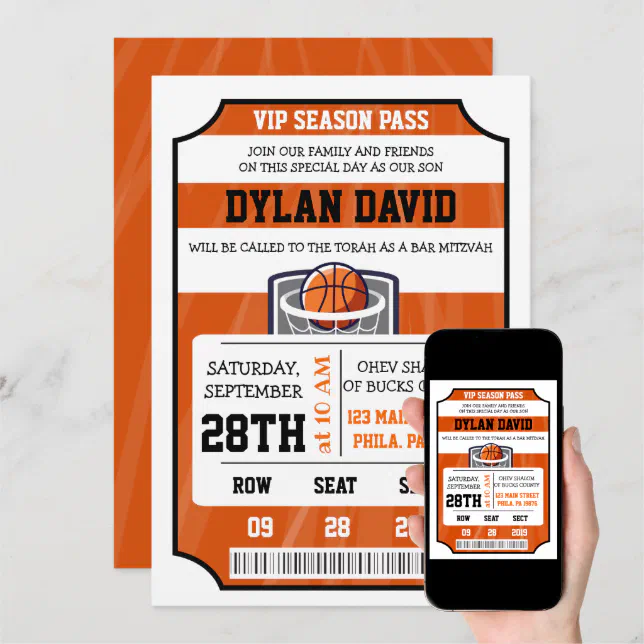 BASKETBALL VIP TICKET Bar Bat Mitzvah Invitation | Zazzle
