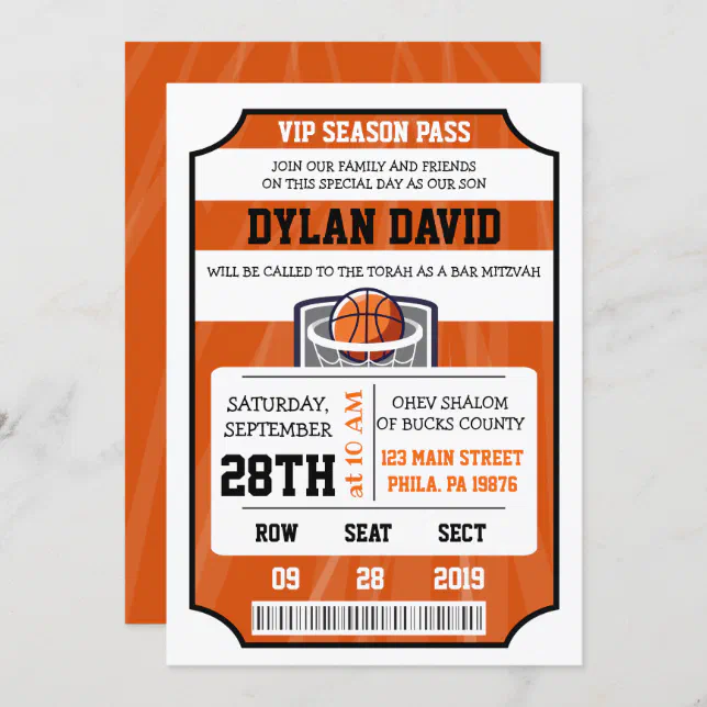 BASKETBALL VIP TICKET Bar Bat Mitzvah Invitation | Zazzle