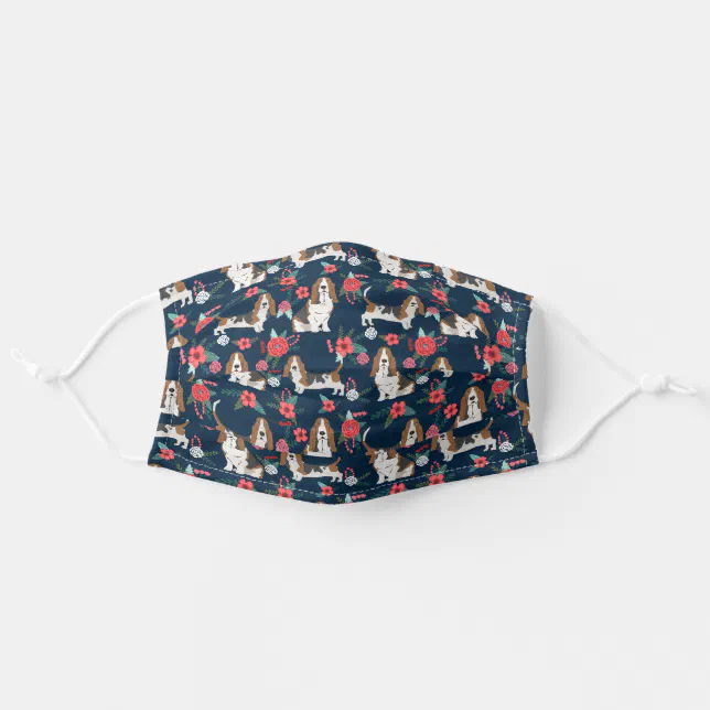Basset Hound Navy and Poppy Floral Adult Cloth Face Mask | Zazzle