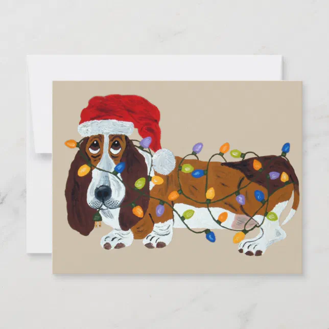 Basset Tangled In Christmas Lights Holiday Card | Zazzle