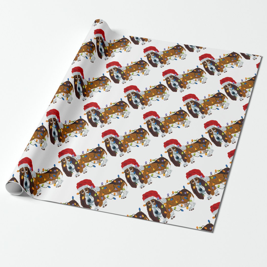 Basset Tangled In Christmas Lights Wrapping Paper | Zazzle
