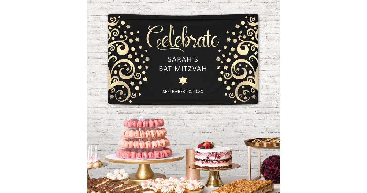 Bat Mitzvah Black Gold Foil Tree of Life Script Banner | Zazzle