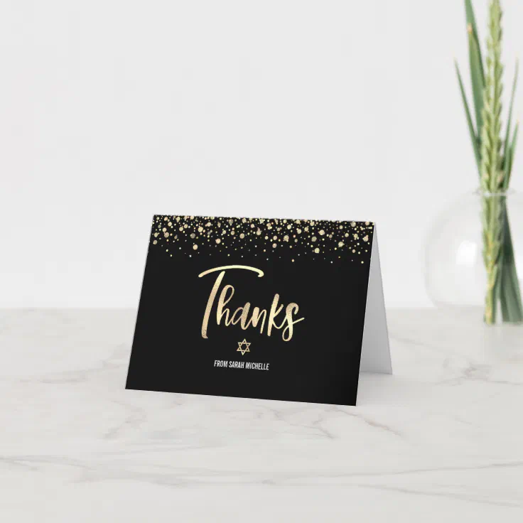 Bat Mitzvah Black Gold Glitter Foil Elegant Script Thank You Card | Zazzle
