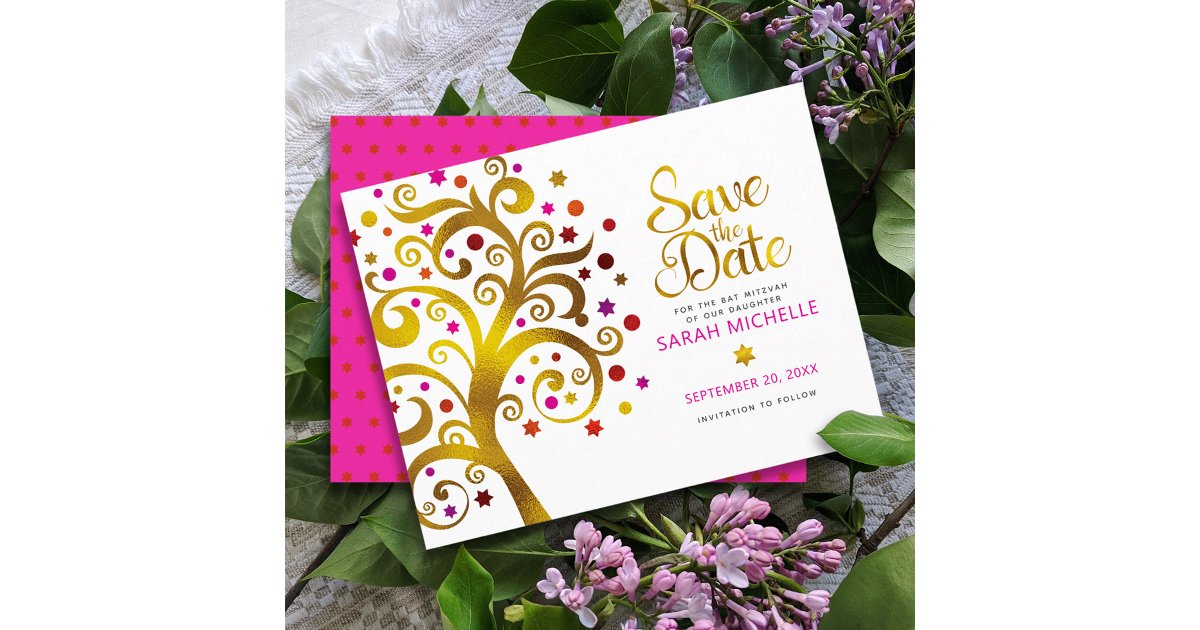 Bat Mitzvah Chic Gold Pink & Red Foil Tree of Life Save The Date | Zazzle