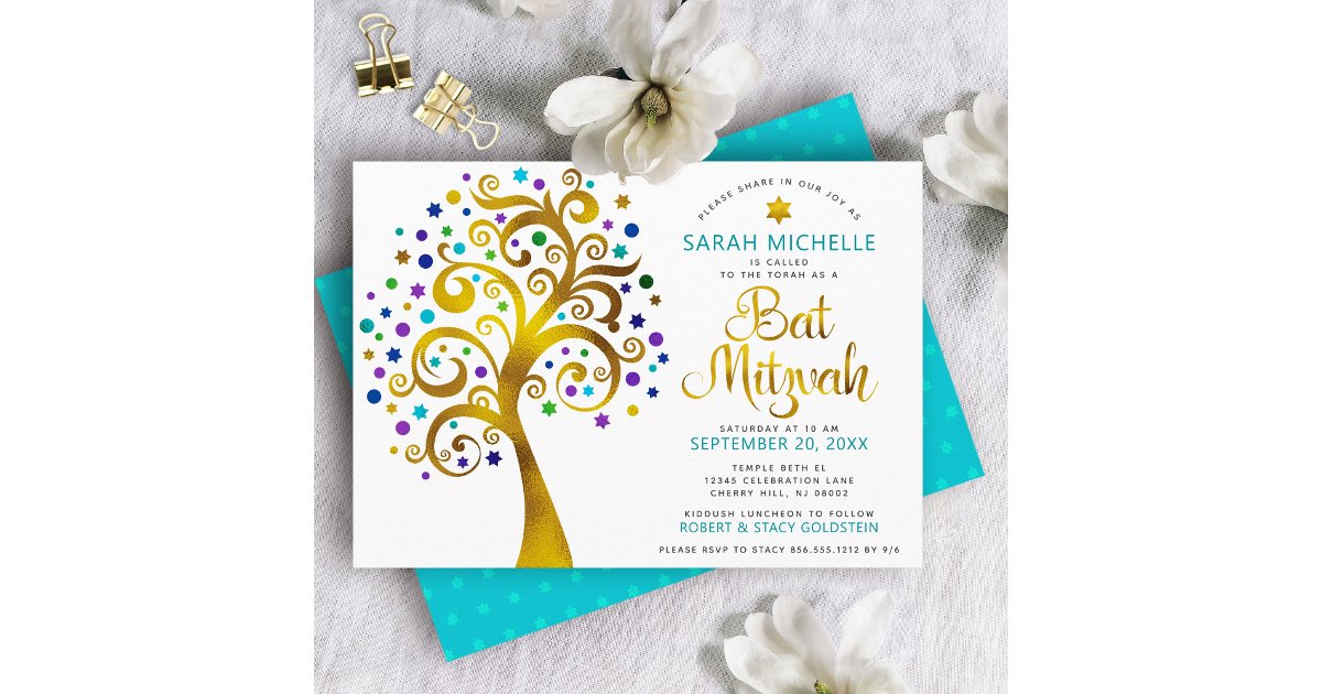 Bat Mitzvah Modern Turquoise Gold Tree of Life Invitation | Zazzle