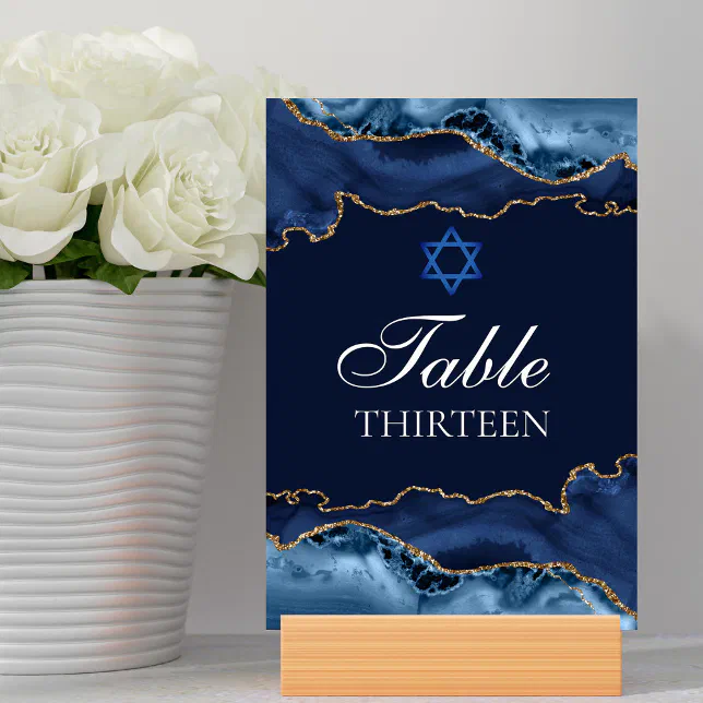 Bat Mitzvah Party Navy Blue Gold Star of David Table Number | Zazzle