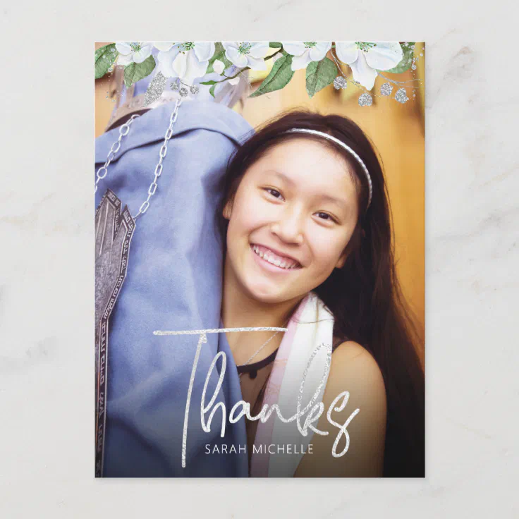 Bat Mitzvah Script Photo Silver Floral Thank You Postcard | Zazzle