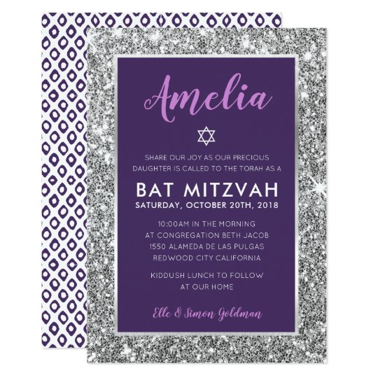 BAT MITZVAH star cool tween purple silver invite | Zazzle.com