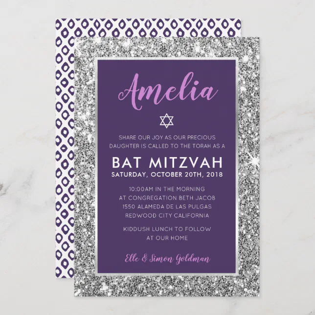 BAT MITZVAH star cool tween purple silver invite | Zazzle