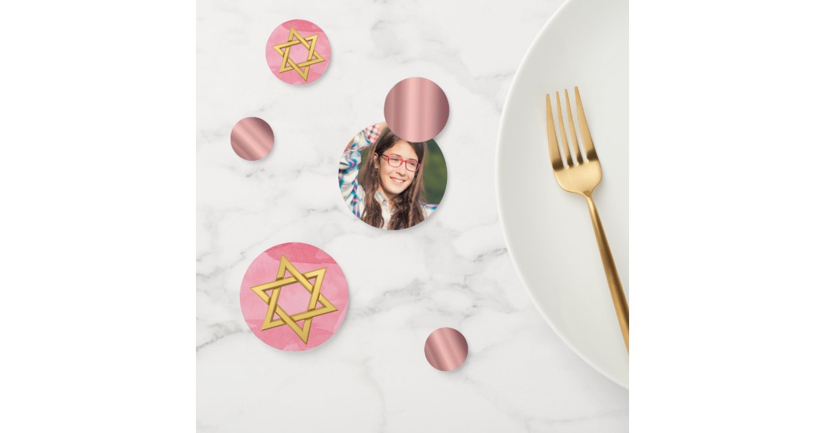 Bat Mitzvah Star of David Pink Gold Photo Jewish Confetti | Zazzle