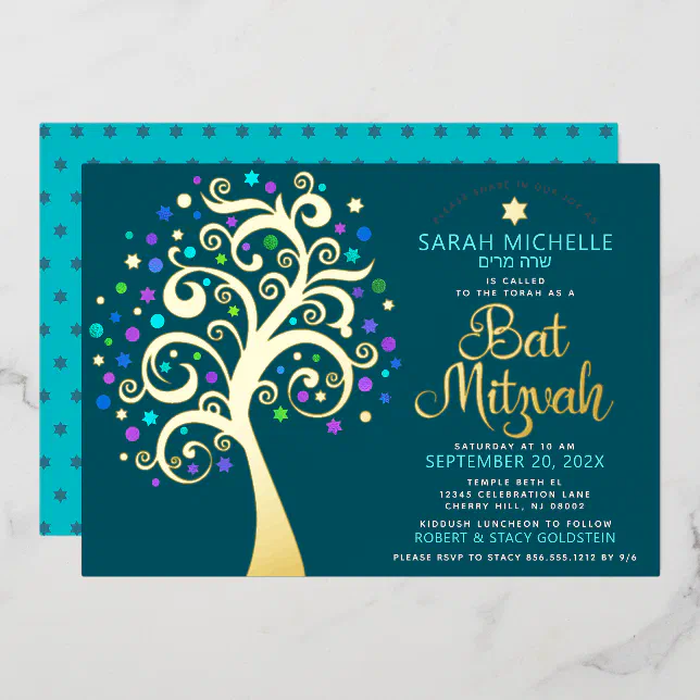 Bat Mitzvah Teal Tree of Life Script Real Gold Foil Invitation | Zazzle