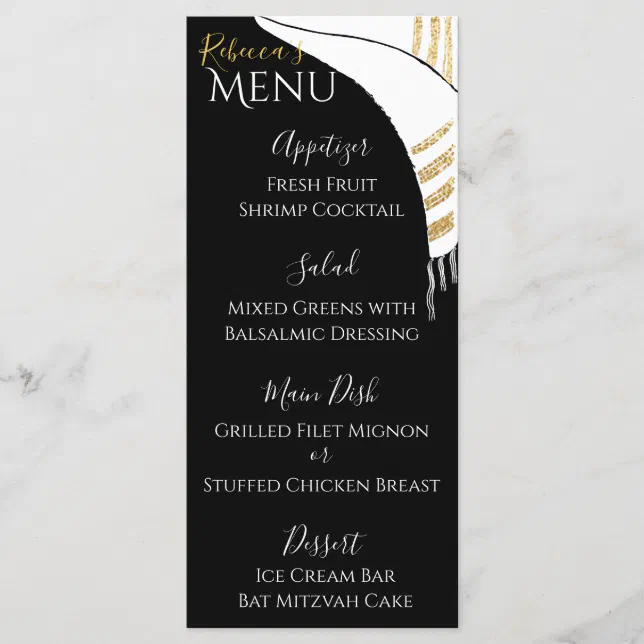 Bat or Bar Mitzvah Black/Gold Food Menu | Zazzle