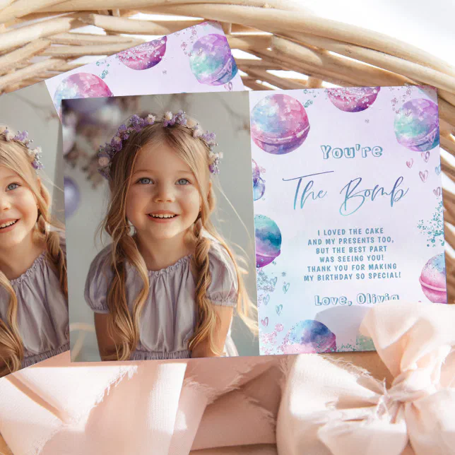 Bath Bomb birthday party photo thank you card | Zazzle